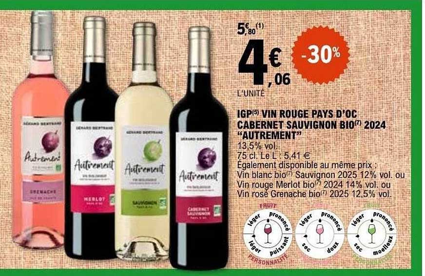 Promo Igp Vin Rouge Pays D'oc Cabernet Sauvignon Bio 2024 "Autrement ...