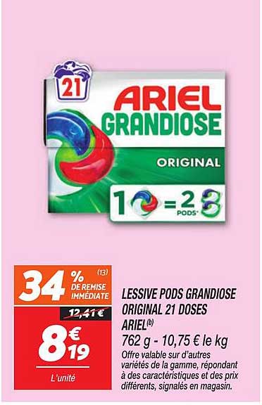 Promo Lessive Pods Grandiose Original 21 Doses Ariel chez Netto ...
