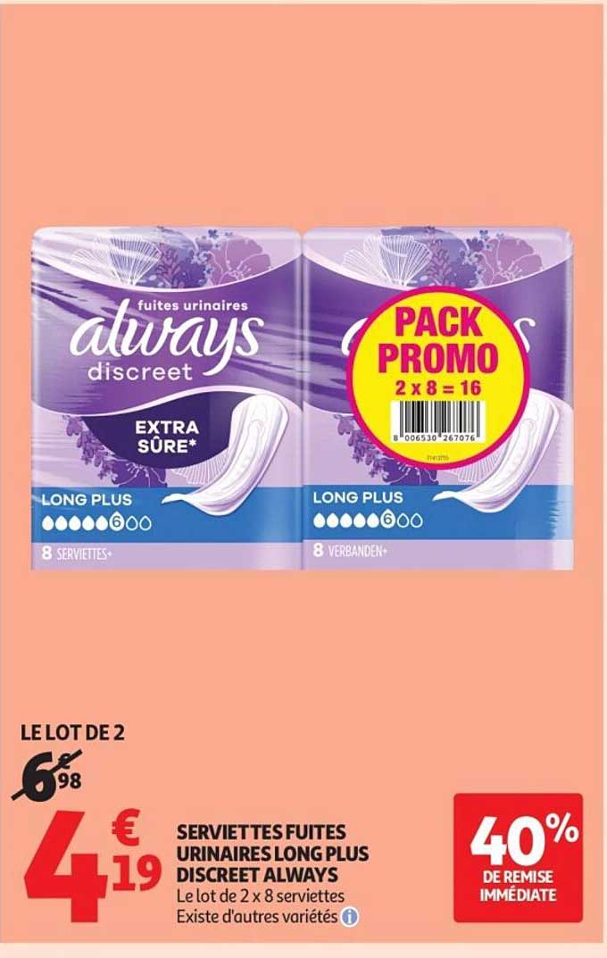 Promo Serviettes Fuites Urinaires Long Plus Discreet Always chez Auchan ...