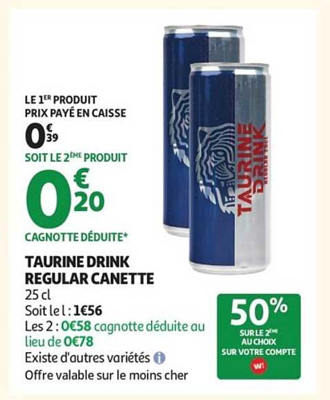 Promo Taurine Drink Regular Canette chez Auchan - 123Catalogue.fr