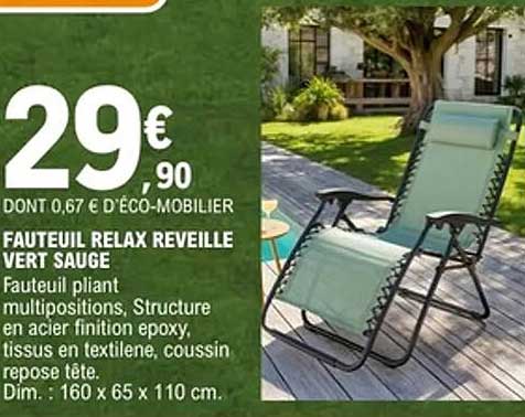 Promo Fauteuil Relax Reveille Vert Sauge chez E.Leclerc - 123Catalogue.fr