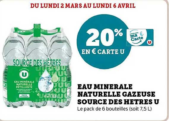 Promo Eau Minerale Naturelle Gazeuse Source Des Hetres U chez Hyper U ...