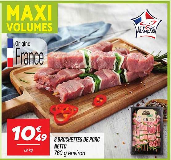 Promo 8 Brochettes De Porc Netto 760 G Environ chez Netto - 123Catalogue.fr