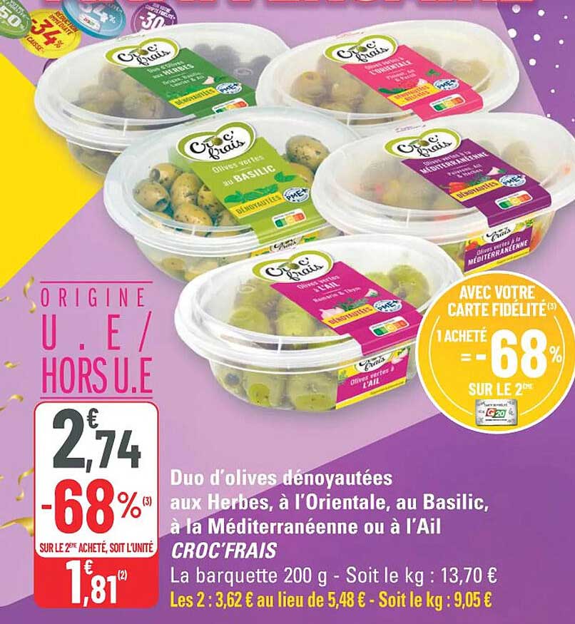 Promo Duo D'olives Dénoyautées Aux Herbes, À L'orientale, Au Basilic, À ...