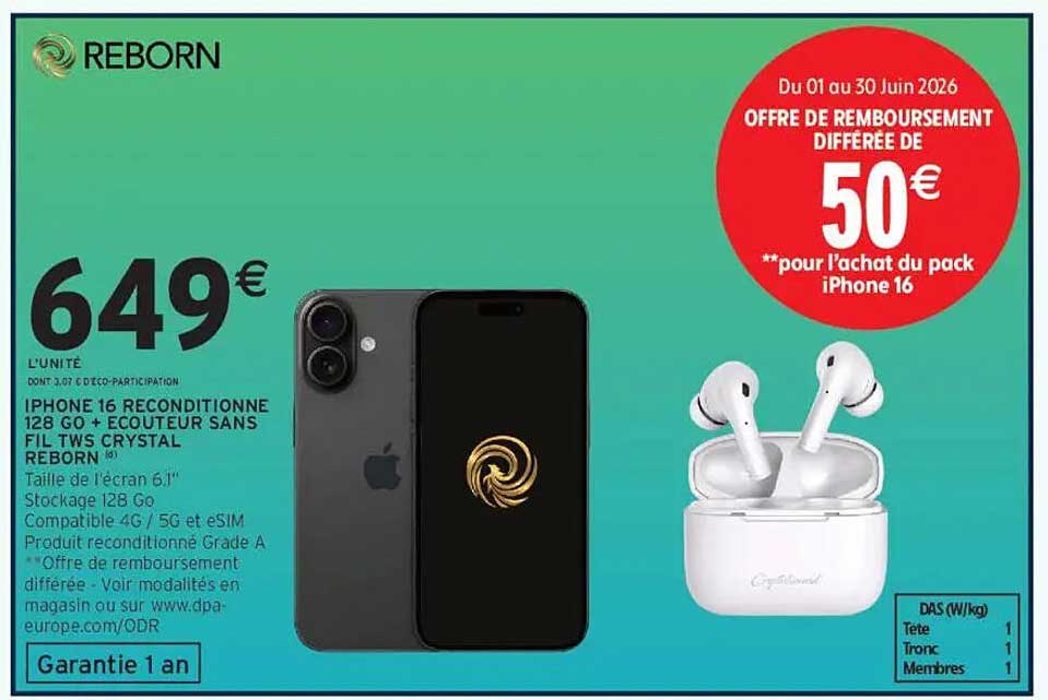 Promo Iphone 16 Reconditionne 128 Go + Ecouteur Sans Fil Tws Crystal ...