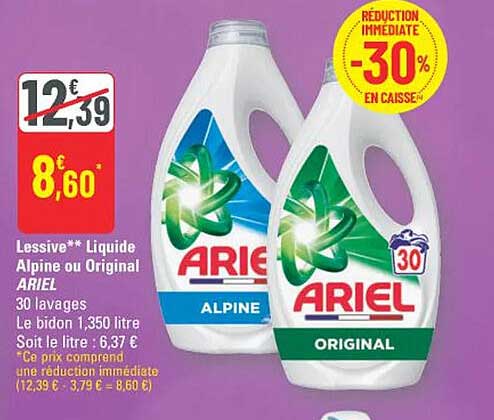 Promo Lessive** Liquide Alpine Ou Original Ariel 30 Lavages Le Bidon ...