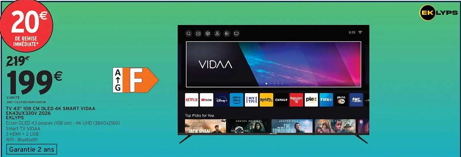 Promo Tv 43" 108 Cm Dled 4K Smart Vidaa Ek43Ux330V 2026 Eklyps chez ...
