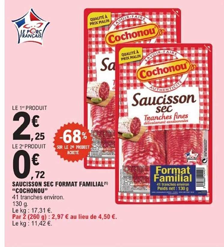 Promo Saucisson Sec Format Familial "Cochonou" chez E.Leclerc ...