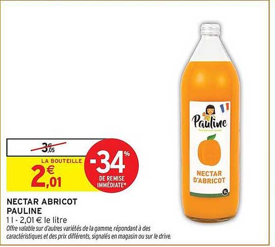 Promo Nectar Pauline Abricot Ou Pêche Blanche Ou Poire La Bouteille De ...