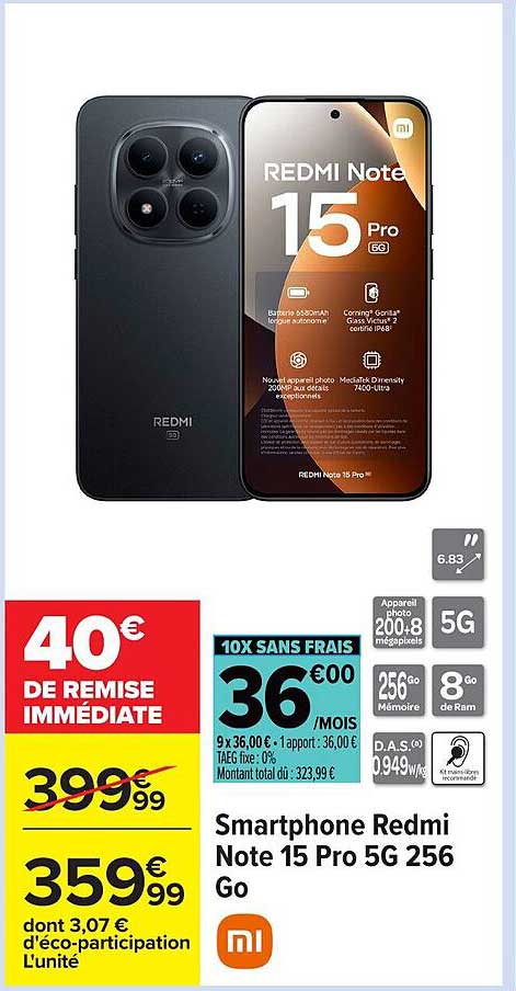 Promo Smartphone Redmi Note 15 Pro 5G 256 Go chez Carrefour ...
