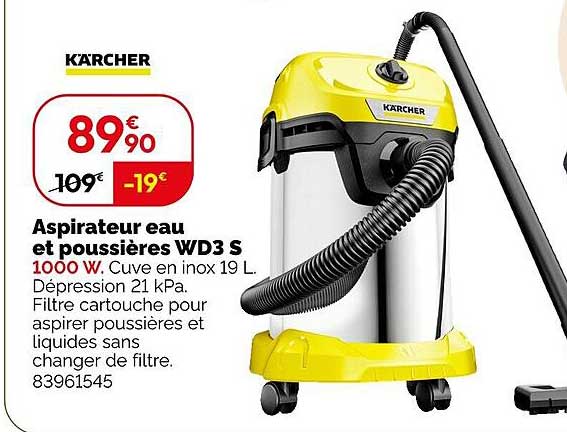Promo Aspirateur Eau Et Poussières Wd3 S 1000 W. Cuve En Inox 19 L ...