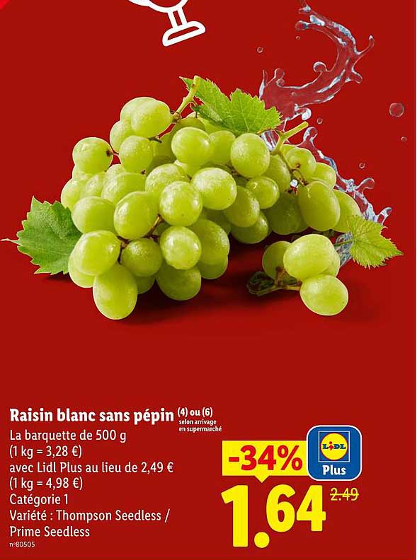 Promo Raisin Blanc Sans Pépin (4) Ou (6) chez Lidl - 123Catalogue.fr