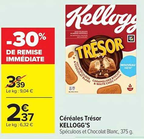 Promo Céréales Trésor Kellogg’s Spéculoos Et Chocolat Blanc, 375 G ...