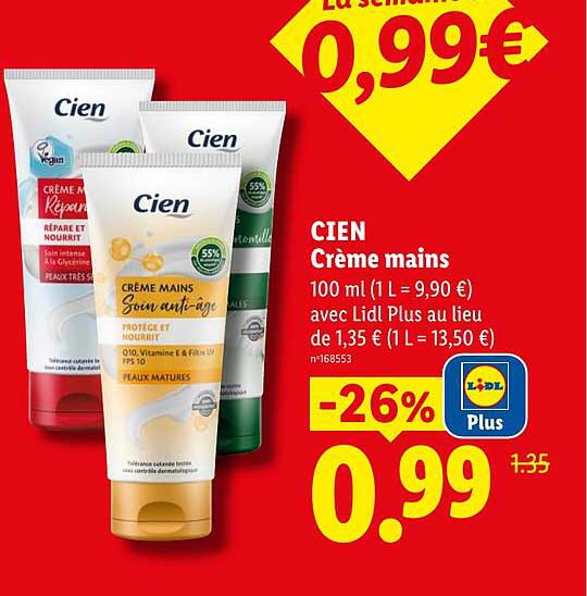 Promo Cien Crème Mains chez Lidl - 123Catalogue.fr
