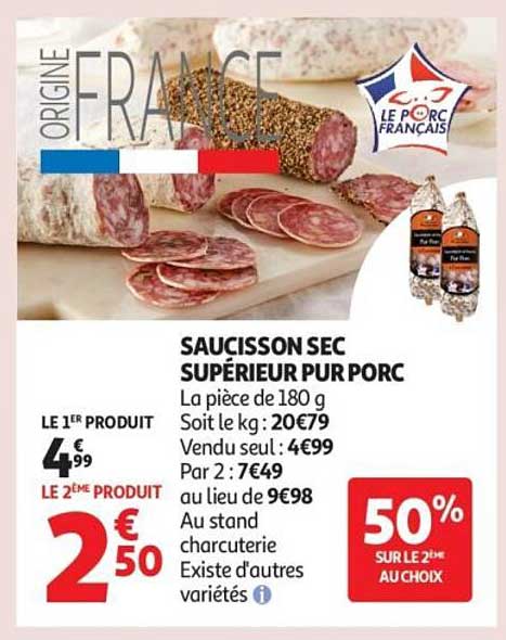 Promo Saucisson Sec Supérieur Pur Porc chez Auchan - 123Catalogue.fr
