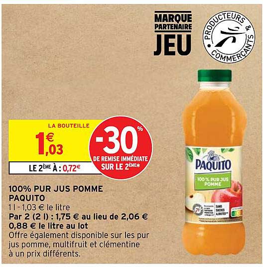 Promo 100 % Pur Jus Pomme Paquito chez Intermarché Hyper - 123Catalogue.fr