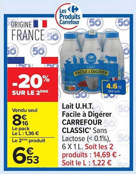 Promo Lait U.h.t. Facile À Digérer Carrefour Classic' Sans Lactose