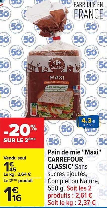 Promo Pain De Mie "Maxi" Carrefour Classic' Sans Sucres Ajoutés ...
