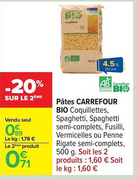 Promo Pâtes Carrefour Bio Coquillettes, Spaghetti, Spaghetti Semi ...