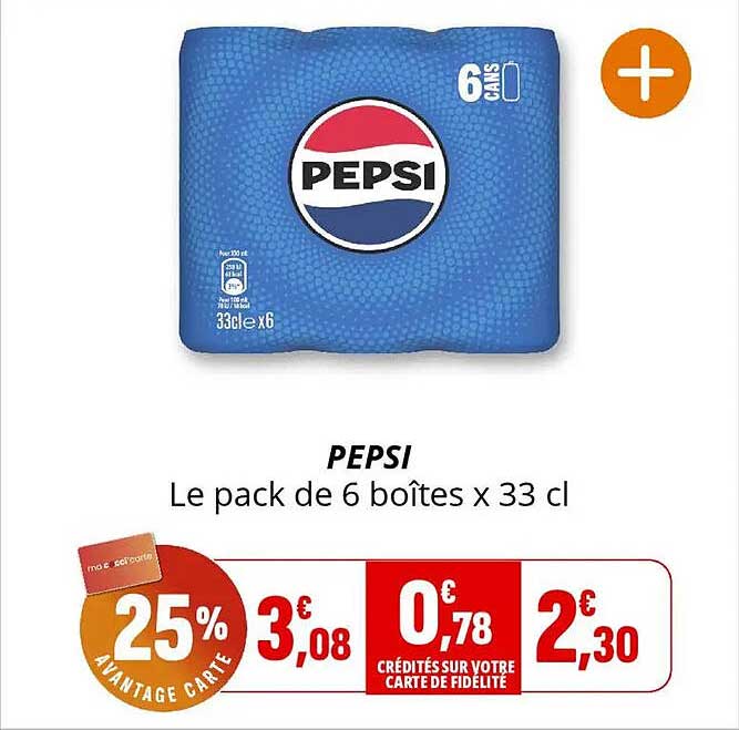 Promo Pepsi Le Pack De 6 Boîtes X 33 Cl chez Coccinelle Supermarché ...