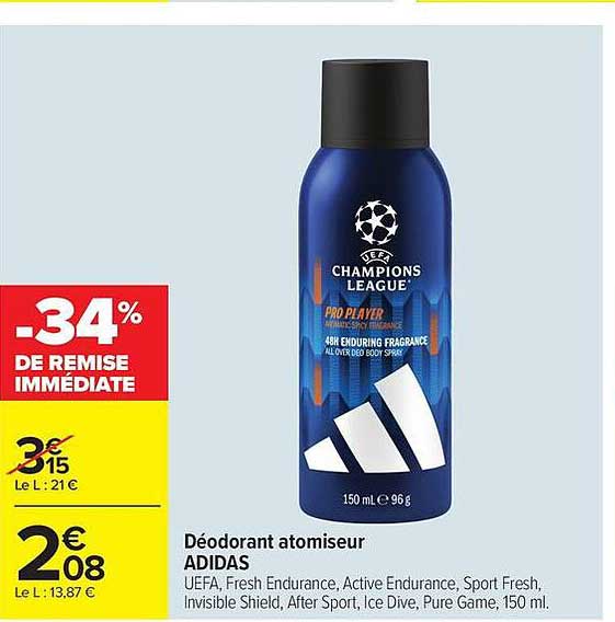 Promo Déodorant Atomiseur Adidas Uefa, Fresh Endurance, Active ...