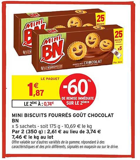 Promo Mini Biscuits Fourrés Goût Chocolat Bn chez Intermarché ...