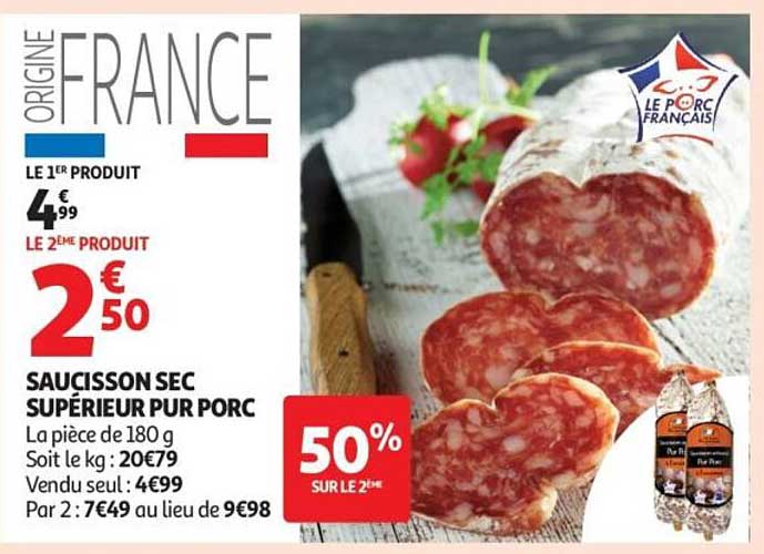 Promo Saucisson Sec Supérieur Pur Porc chez Auchan - 123Catalogue.fr