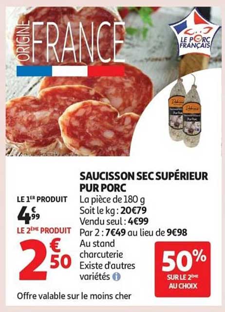 Promo Saucisson Sec Supérieur Pur Porc chez Auchan - 123Catalogue.fr