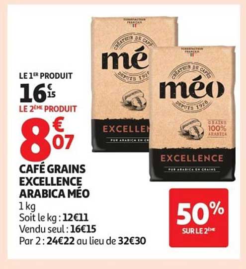 Promo Café Grains Excellence Arabica Méo chez Auchan - 123Catalogue.fr