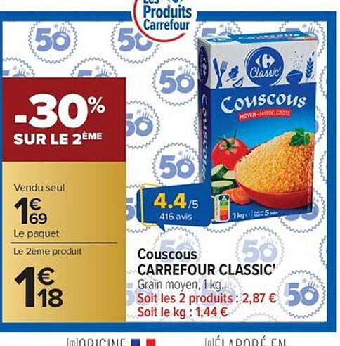 Promo Couscous Carrefour Classic' Grain Moyen, 1 Kg. chez Carrefour ...