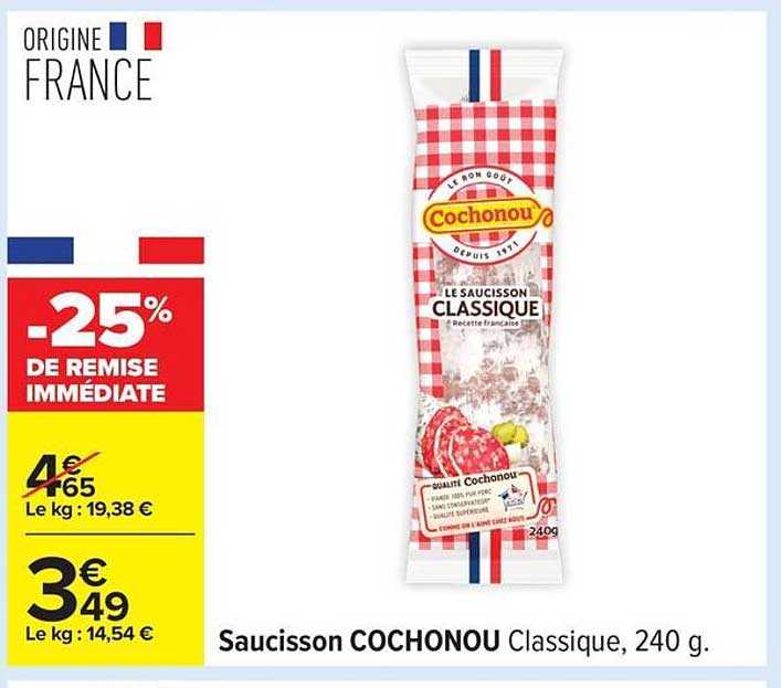 Promo Saucisson Cochonou Classique, 240 G. chez Carrefour - 123Catalogue.fr