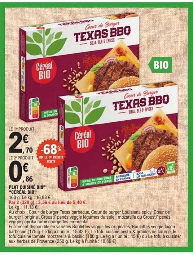 Promo Cœur De Burger Texas Bbq Soja, Blé & Épices chez E.Leclerc ...