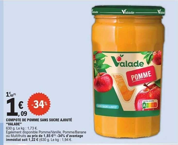 Promo Compote De Pomme Sans Sucre Ajouté “Valade” chez E.Leclerc ...