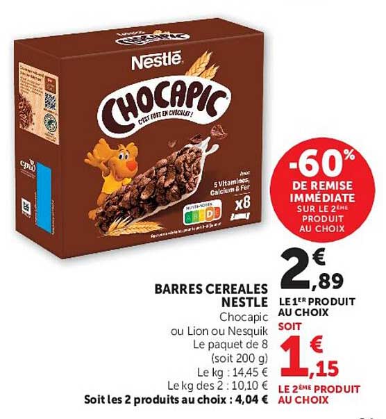 Promo Barres Cereales Nestle Chocapic Ou Lion Ou Nesquik Le Paquet De 8 ...