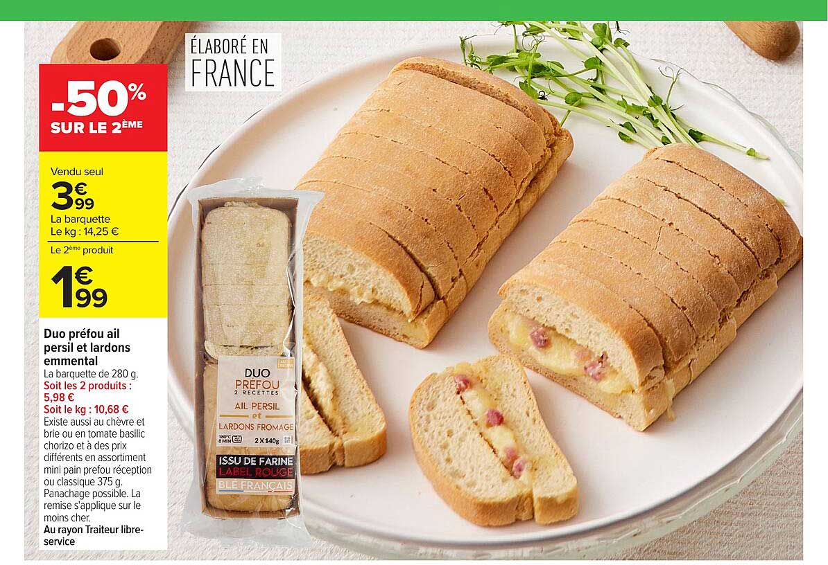 Promo Duo Préfo Ail Persil Et Lardons Emmental chez Carrefour ...