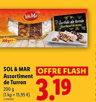 Promo Sol & Mar Assortiment De Turron 200 G chez Lidl - 123Catalogue.fr