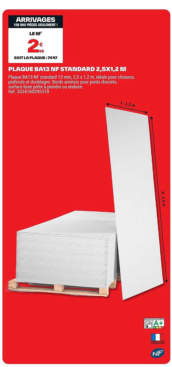 Promo Plaque Ba13 Nf Standard 2,5X1,2 M chez Brico Dépôt - 123Catalogue.fr