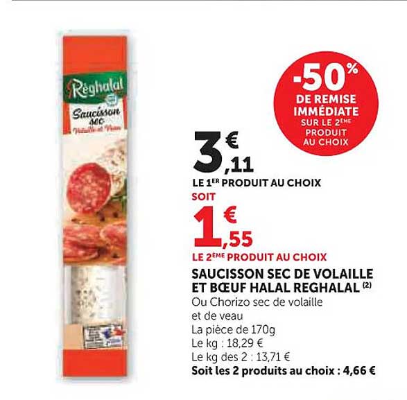 Promo Saucisson Sec De Volaille Et Bœuf Halal Reghalal chez Super U ...