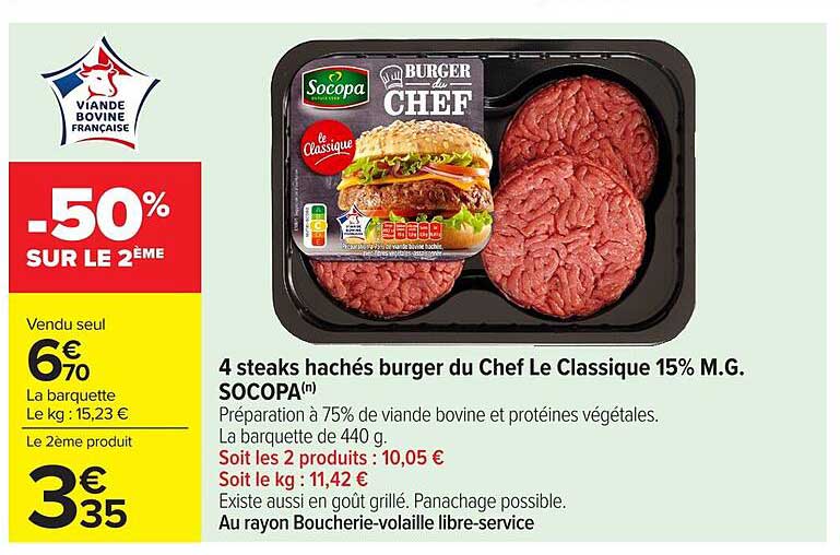 Promo 4 Steaks Hachés Burger Du Chef Le Classique 15% M.g. Socopa chez ...