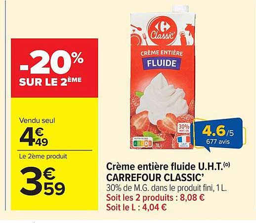 Promo Crème Fouettée Carrefour Classic' Entière 28% M.g., 250 G. chez ...