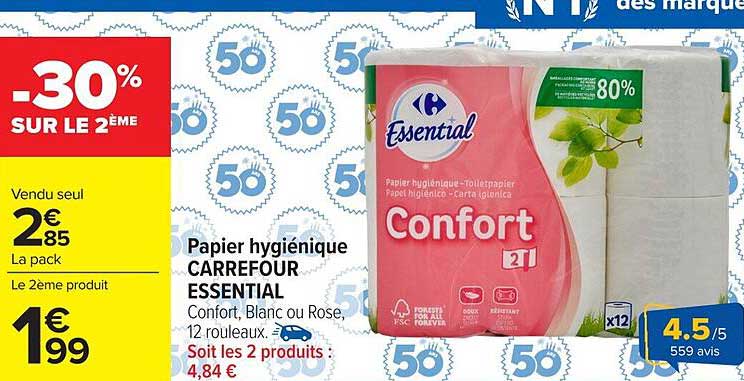 Promo Papier Hygiénique Carrefour Essential Confort, Blanc Ou Rose, 12 ...
