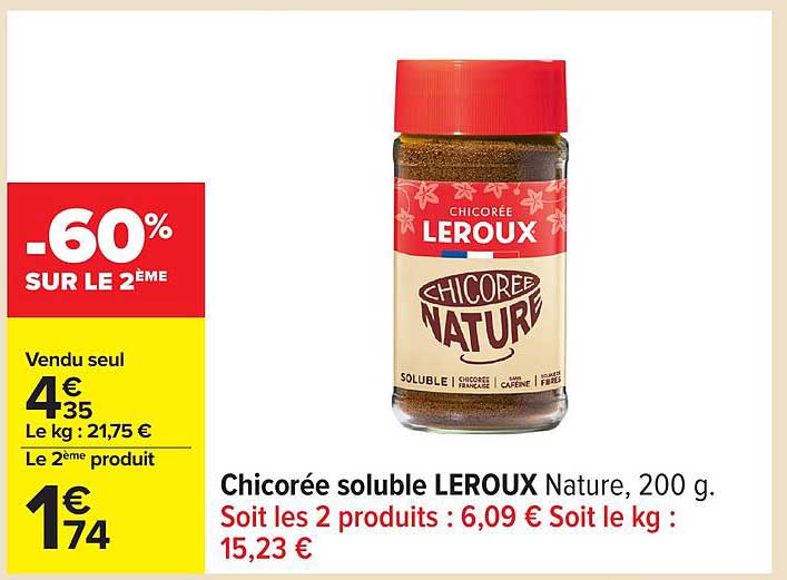Promo Chicorée Soluble Leroux Nature, 200 G. chez Carrefour ...