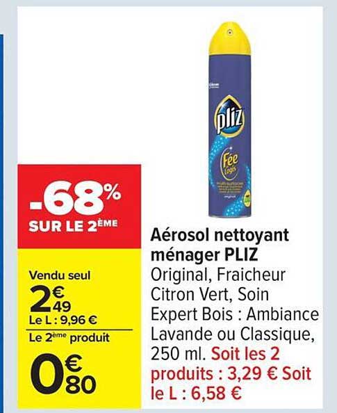 Promo Aérosol Nettoyant Ménager Pliz chez Carrefour - 123Catalogue.fr