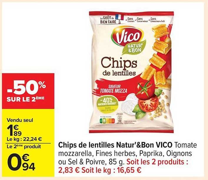 Promo Chips De Lentilles Natur'&Bon Vico Tomate Mozzarella, Fines ...