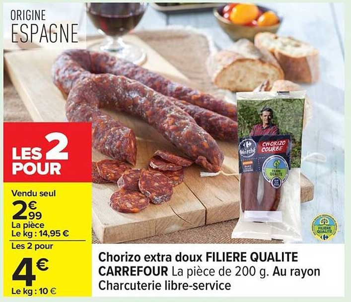 Promo Chorizo Extra Doux Filiere Qualite Carrefour La Pièce De 200 G ...