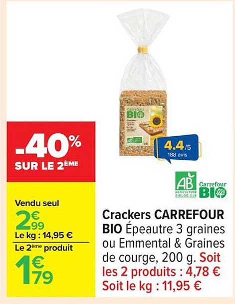 Promo Crackers Carrefour Bio Épeautre 3 Graines Ou Emmental & Graines ...