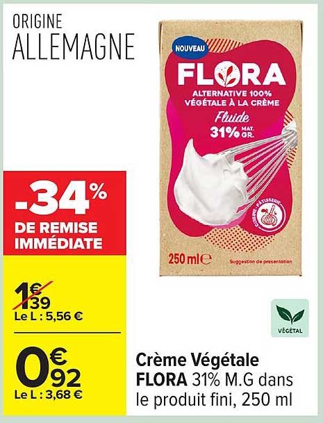 Promo Crème Végétale Flora 31% M.g Dans Le Produit Fini, 250 Ml chez ...