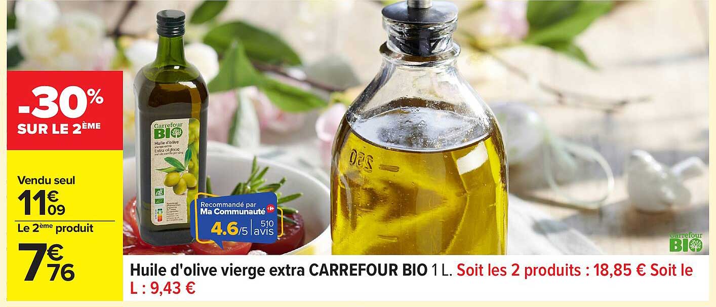 Promo Huile D'olive Vierge Extra Carrefour Bio 1 L. Soit Les 2 Produits ...