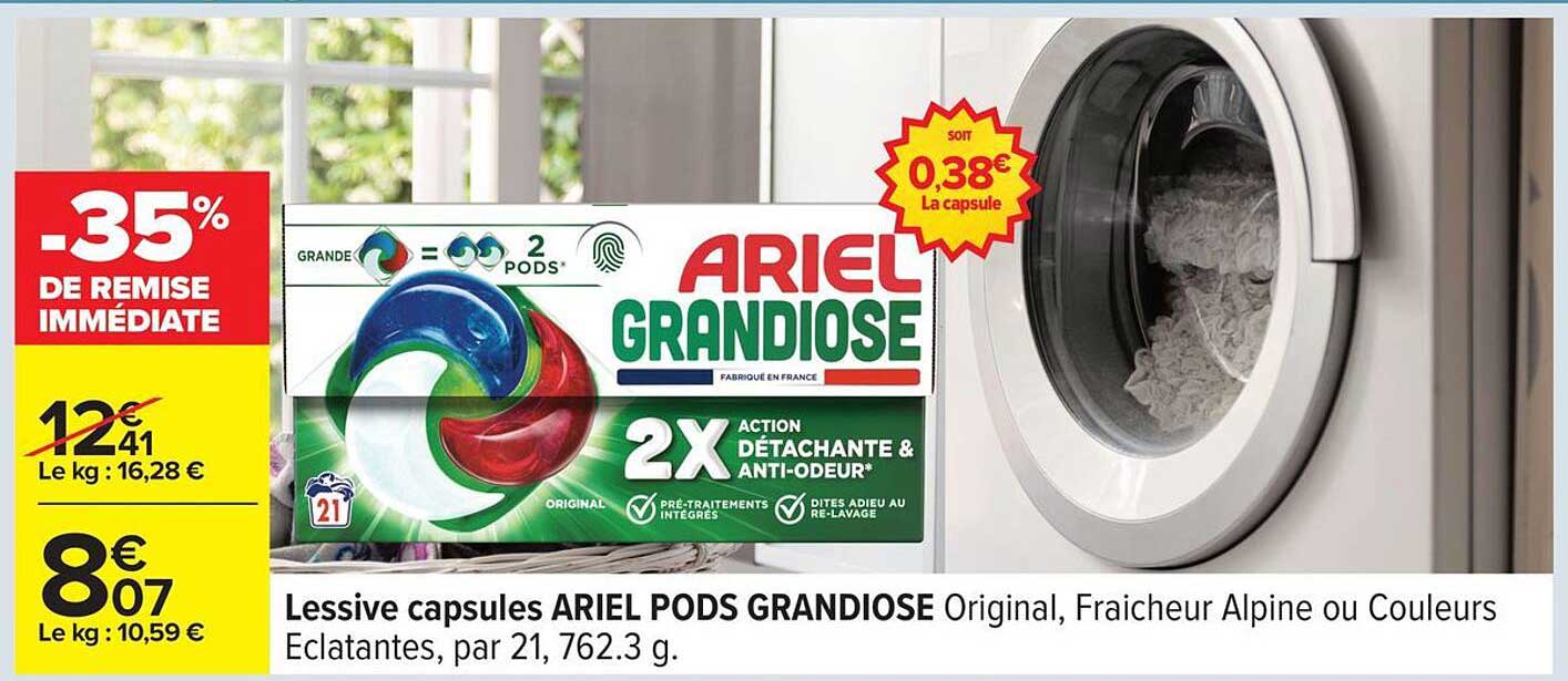 Promo Lessive Capsules Ariel Pods Grandiose Original, Fraîcheur Alpine ...