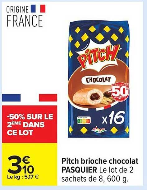 Promo Pitch Brioche Chocolat Pasquier Le Lot De 2 Sachets De 8, 600 G ...